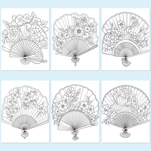 Japonese Fans Flowers Coloring Book Kids Adult Asian Floral Coloriage ...