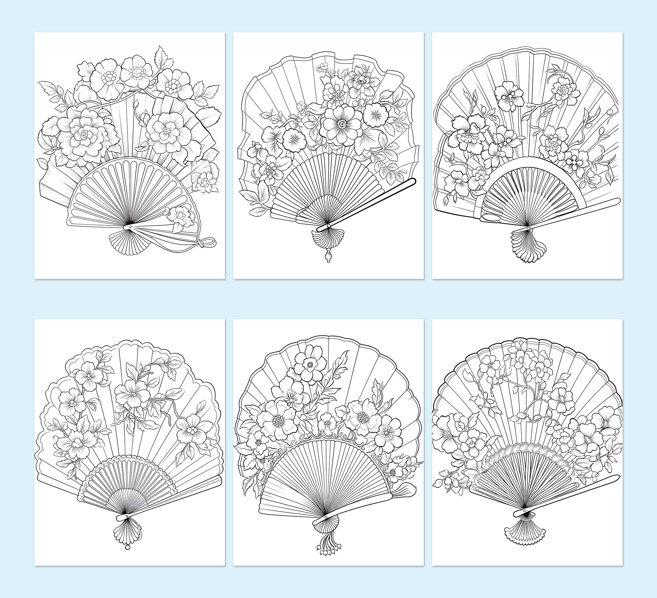 Japonese Fans Flowers Coloring Book Kids Adult Asian Floral Coloriage ...
