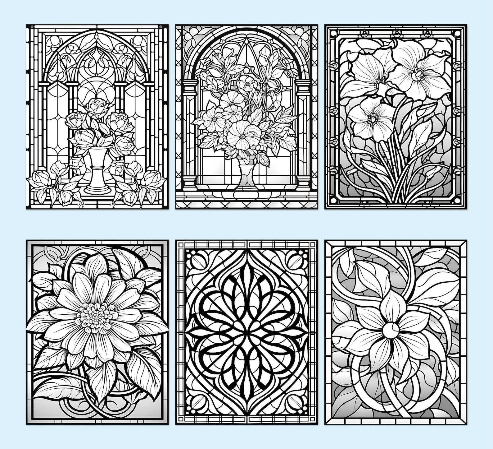 Flowers Stained Glass Window Floral Coloring Pages Adult Activity Kids ...