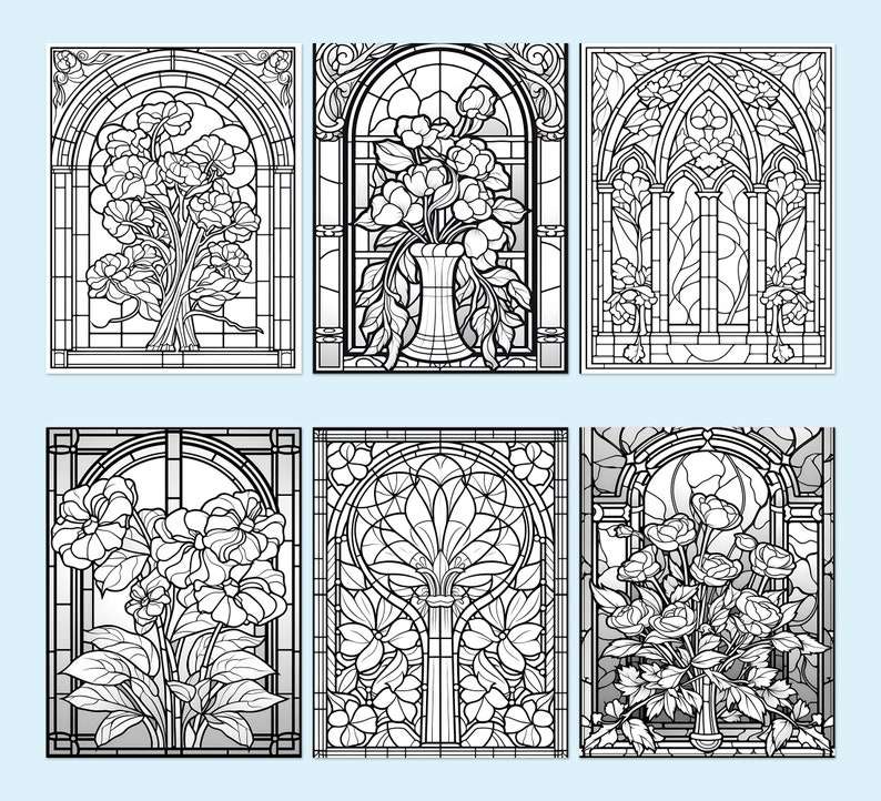 Flowers Stained Glass Window Floral Coloring Pages Adult Activity Kids ...