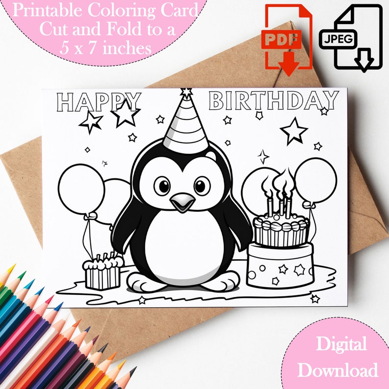 Penguin Happy Birthday Cards Coloring Page Kids Bday Printable Party ...