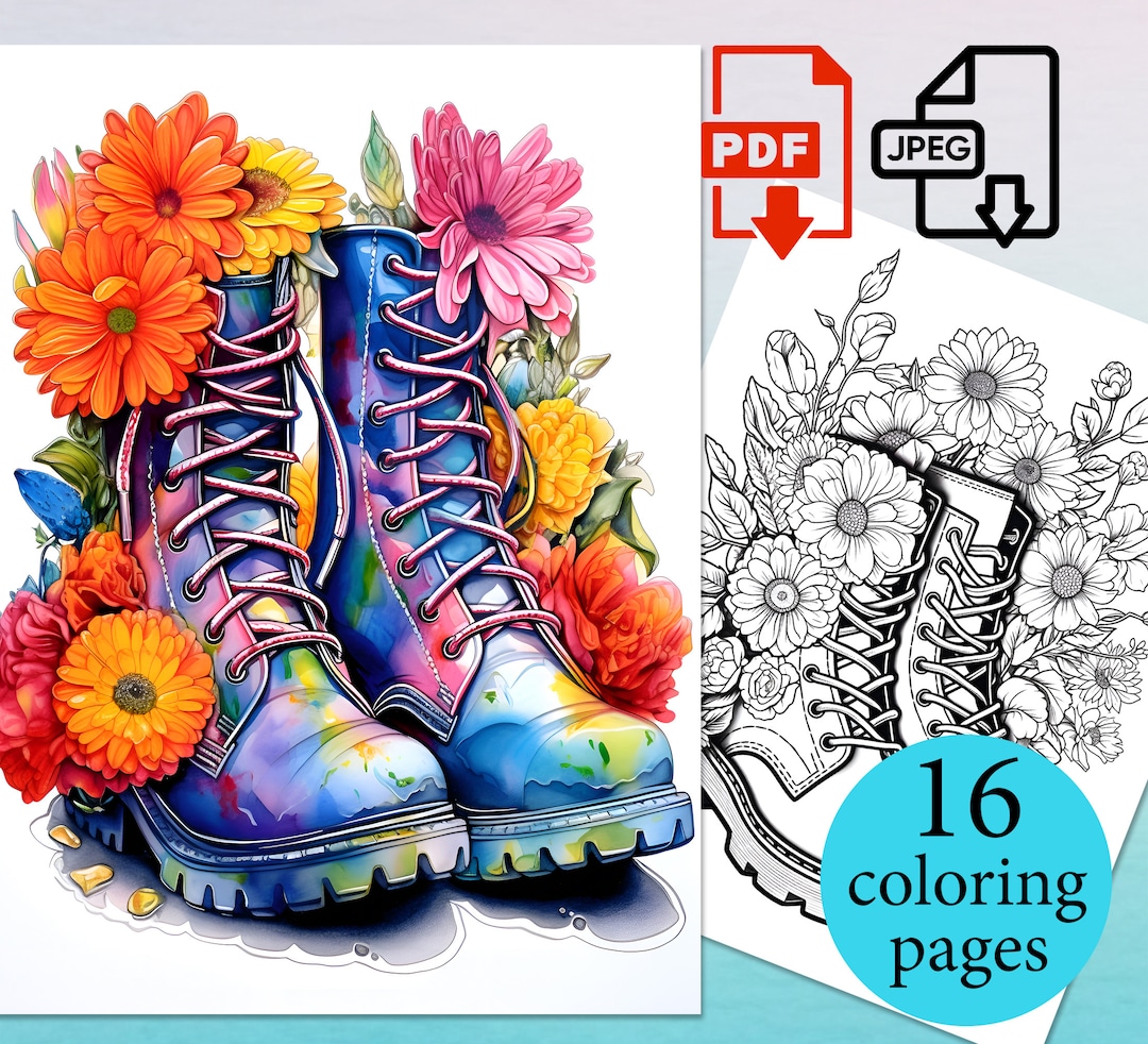 Blooming Boots Coloring Book Floral Pages Adults Flowers Kids Digital ...