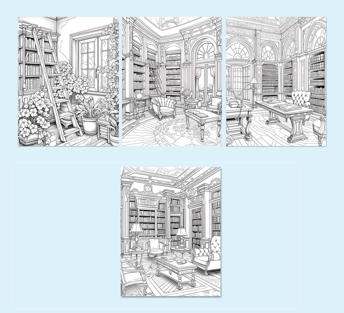 Library Room Interior Design Coloring Pages Adult Activity Kids Books ...