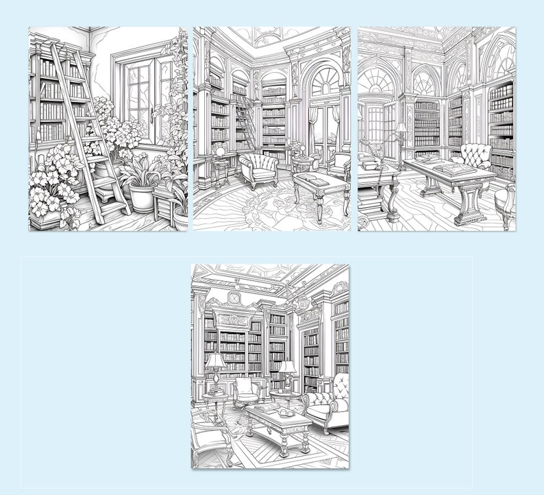 Library Room Interior Design Coloring Pages Adult Activity Kids Books ...