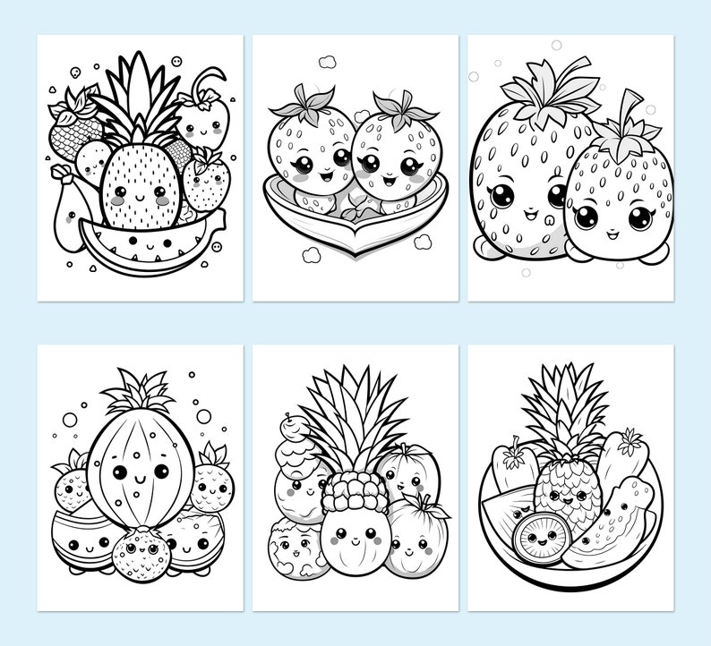Kawaii Fruits Coloring Book Kids Activity Pages Toddler Sheets Instant ...