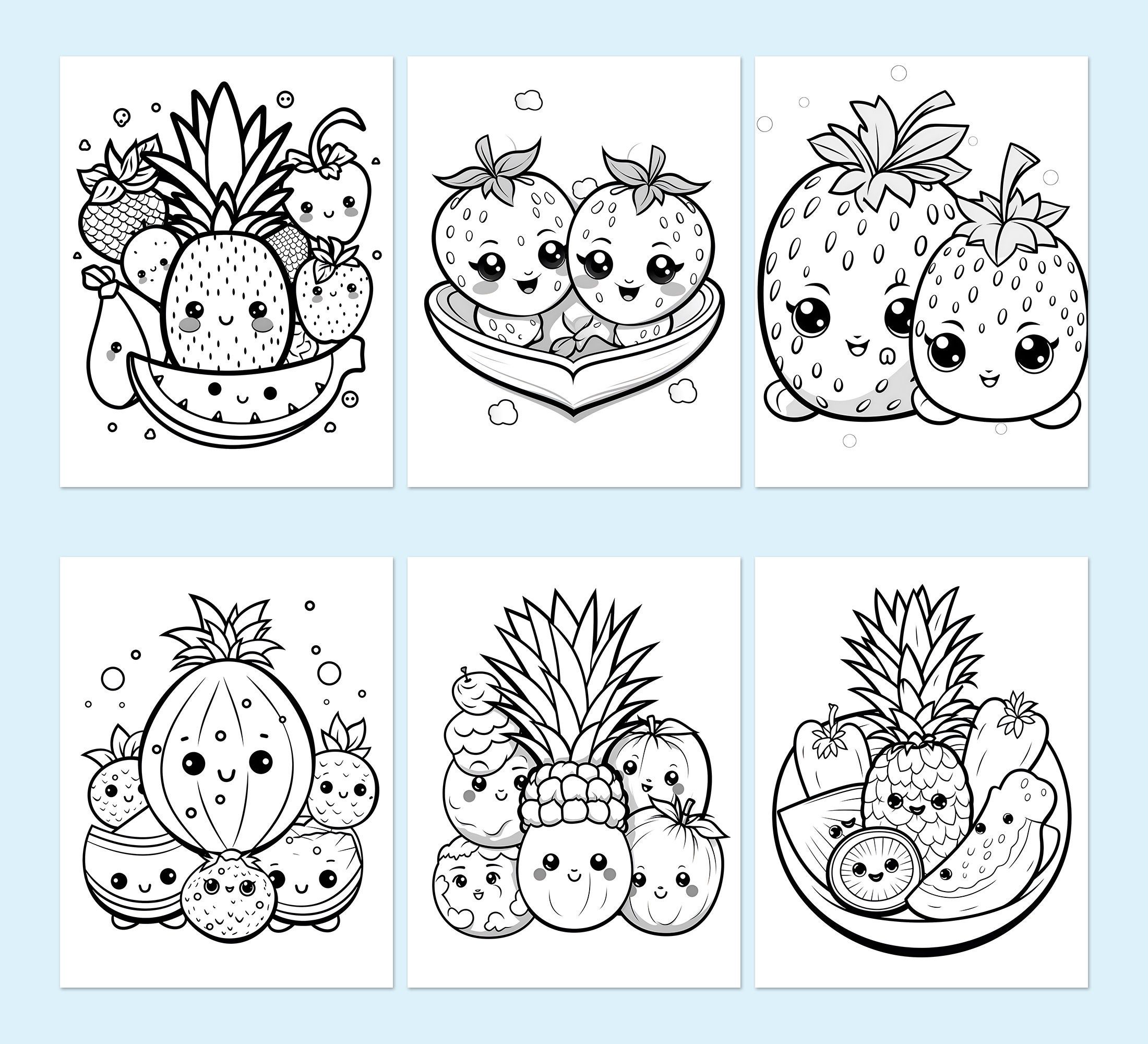 Kawaii Fruits Coloring Book Kids Activity Pages Toddler Sheets Instant ...