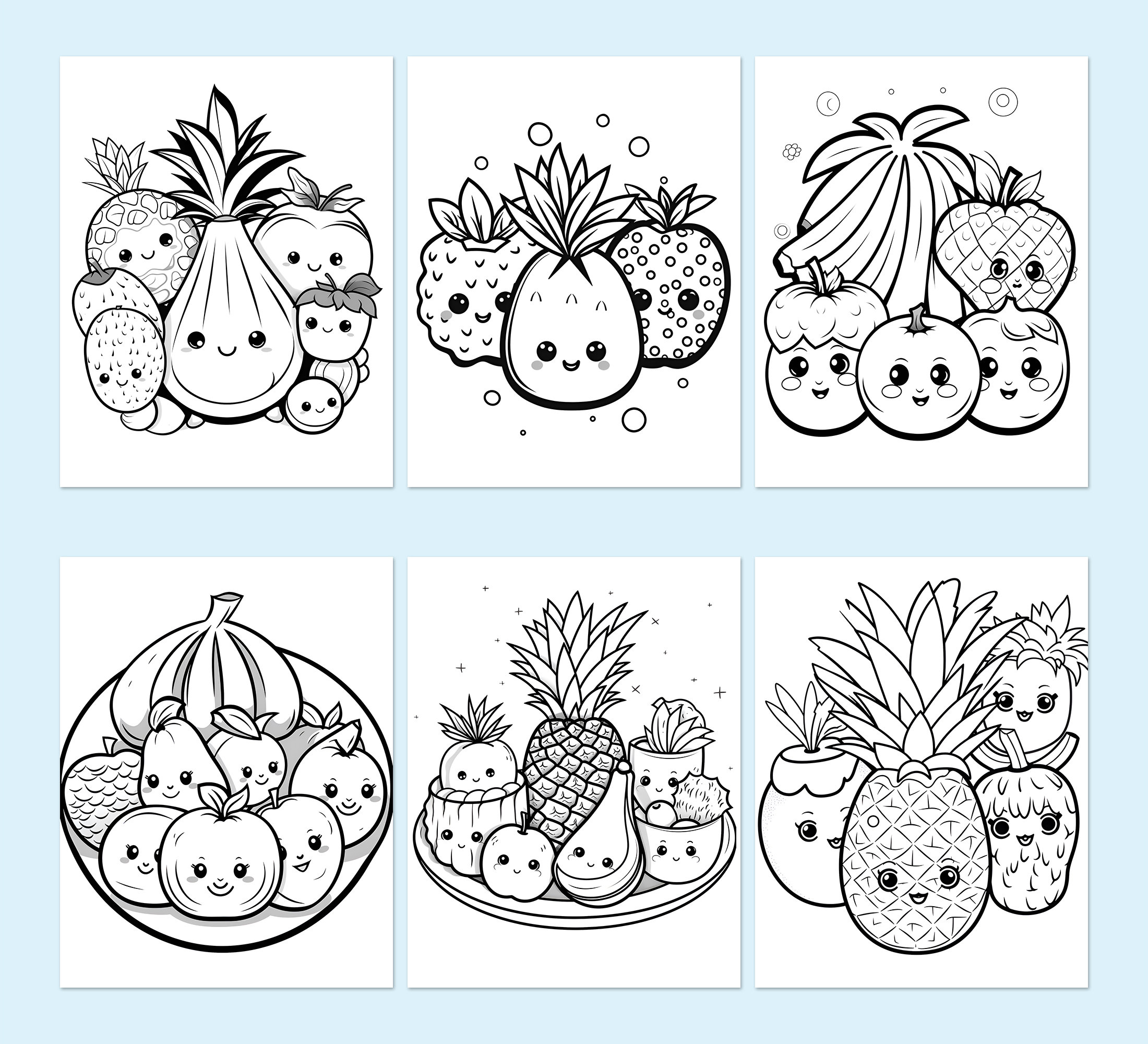 Kawaii Fruits Coloring Book Kids Activity Pages Toddler Sheets Instant ...