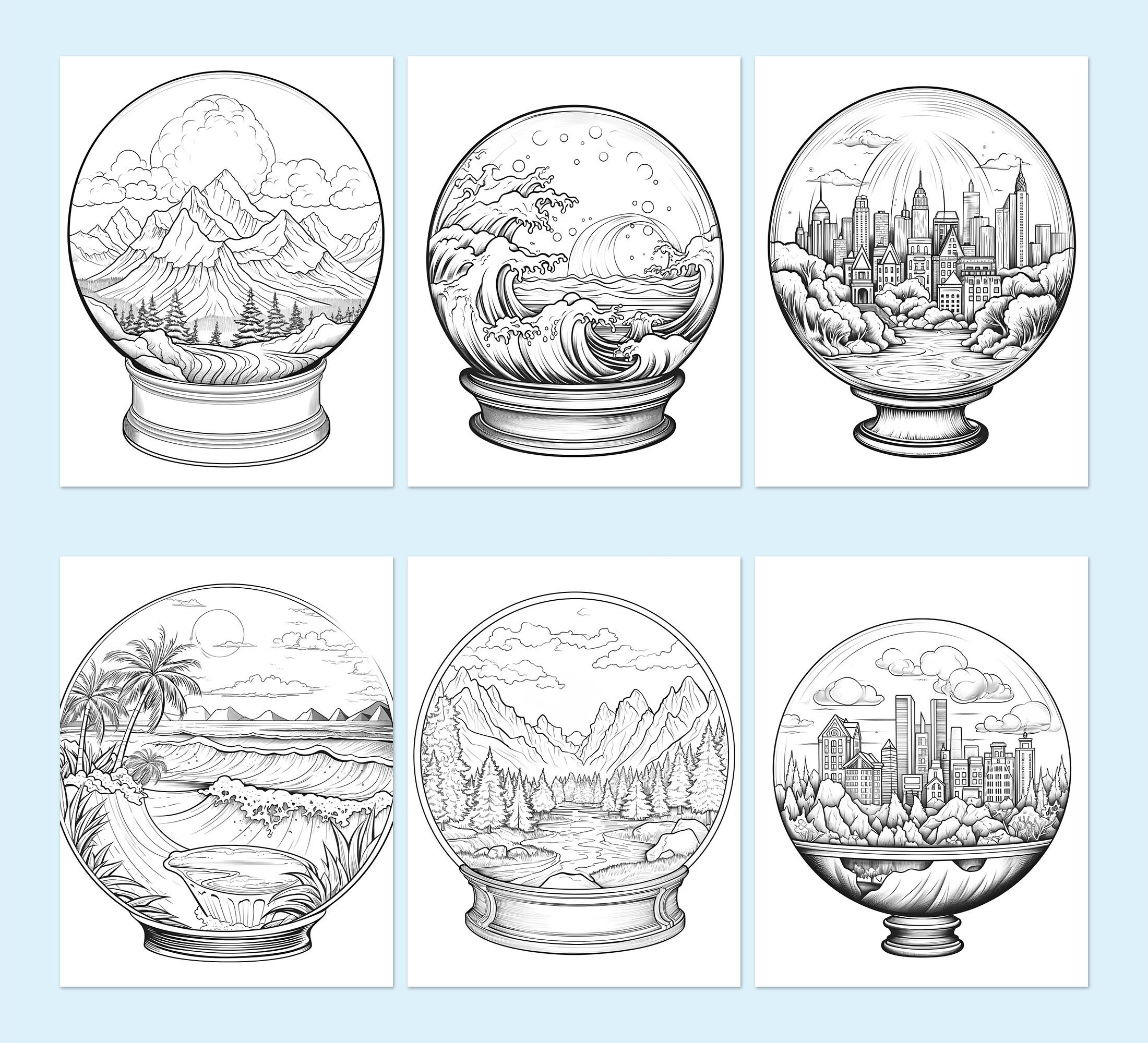 Landscape in Crystal Ball Coloring Book Nature Pages for Adults Kids ...