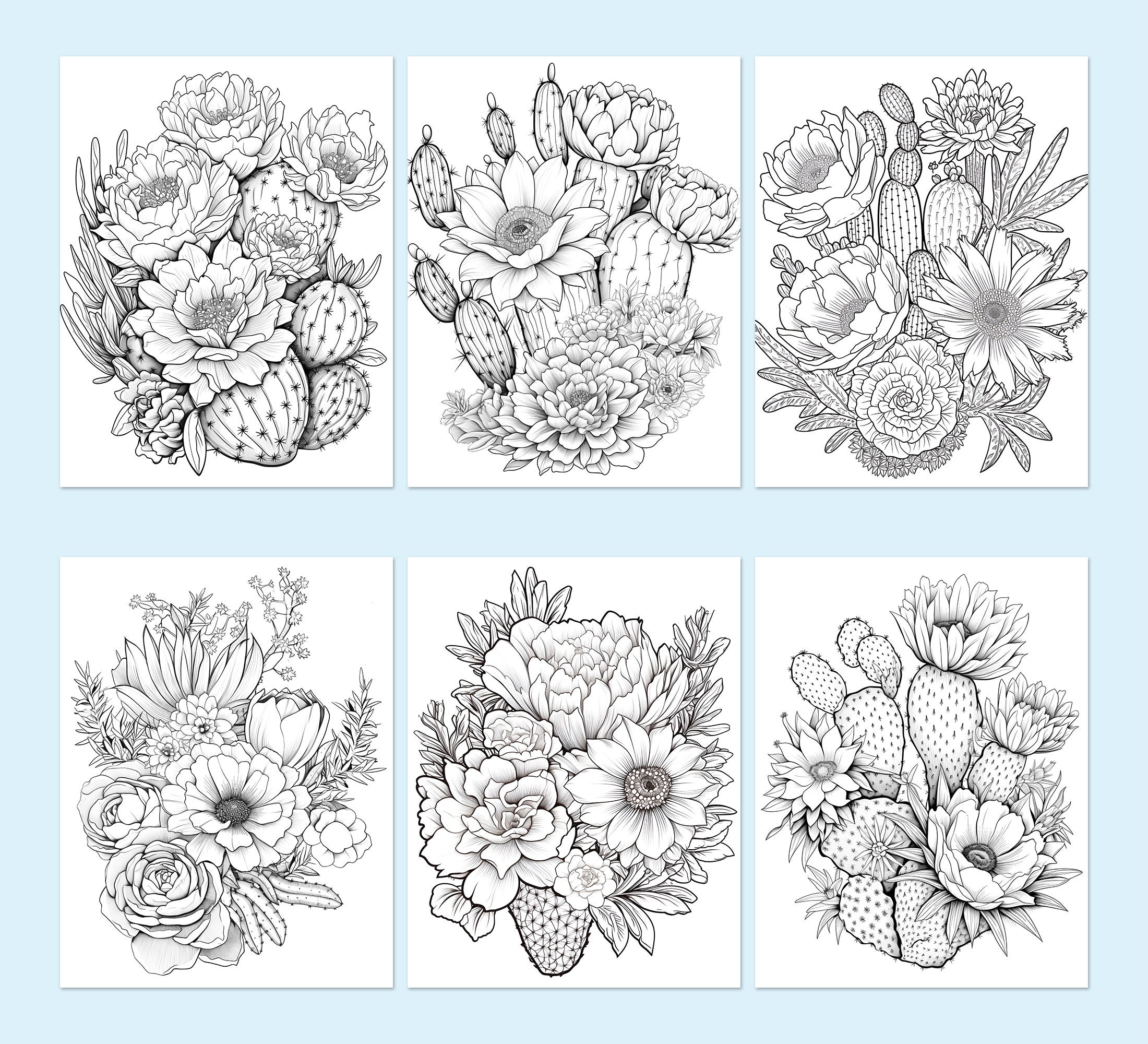 Floral Cactus Coloring Book Flowers Coloriage Pages Kids Adult Digital ...