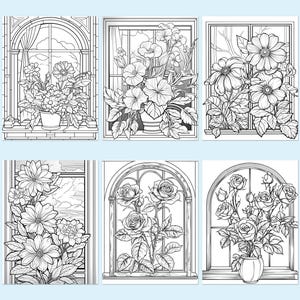 Floral Window Coloring Pages Flowers Adult Activity Digital Kids Books ...