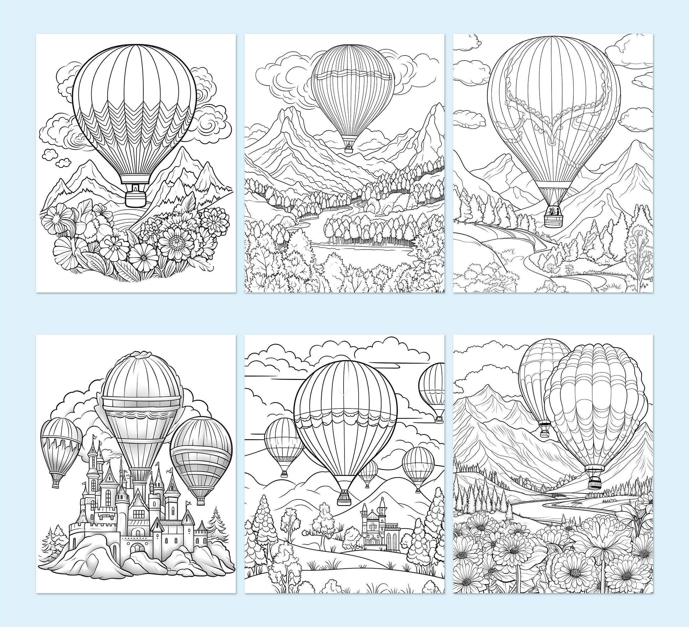 Hot Air Balloon in Landscape Coloring Pages Book Botanical Adult ...