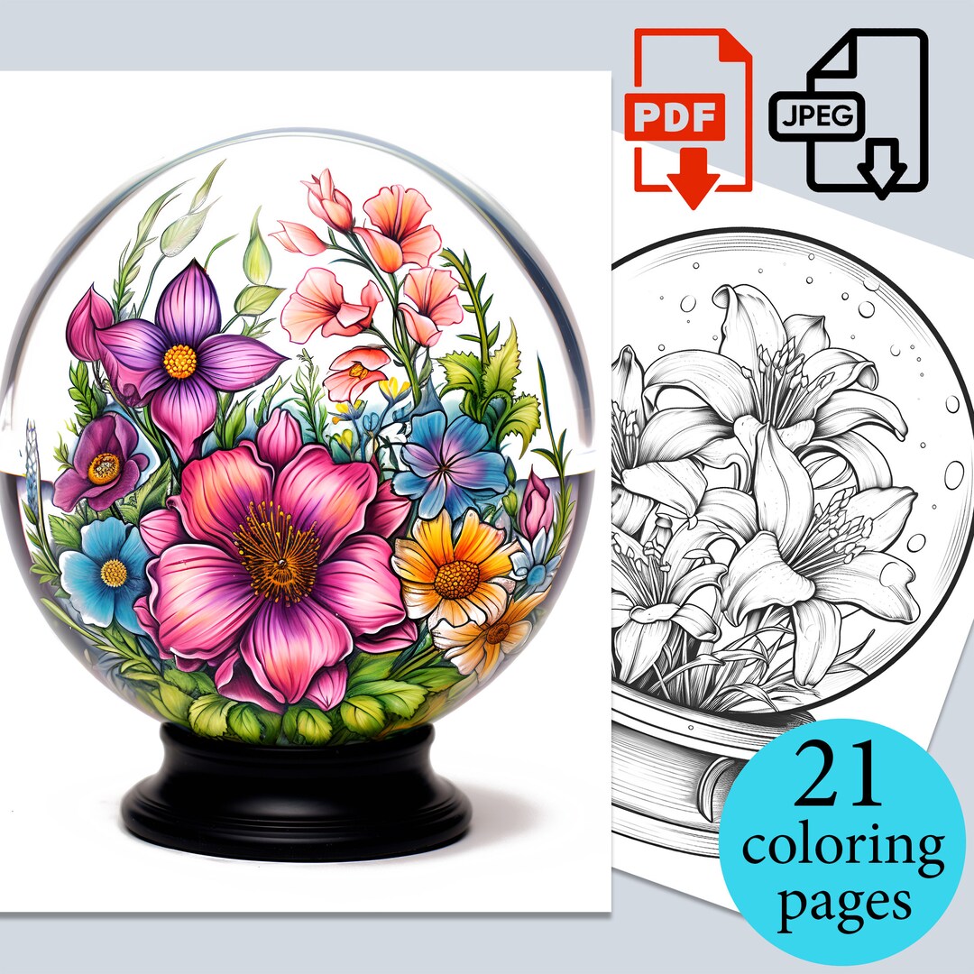 Flowers in Crystal Ball Coloring Book Floral Nature Pages Adults Kids ...