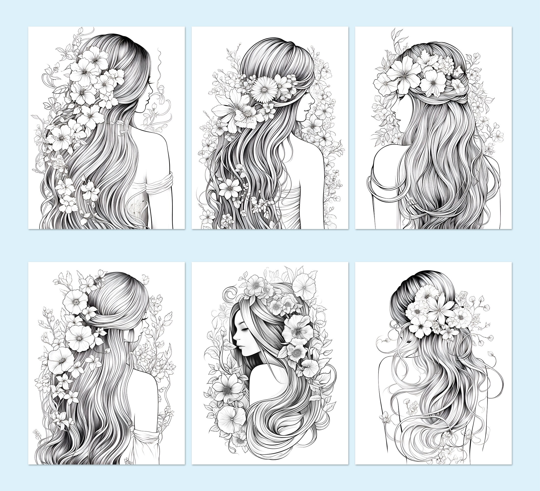 Lady Hair Flower Coloring Book Hairstyles Beautiful Girl Coloriage ...