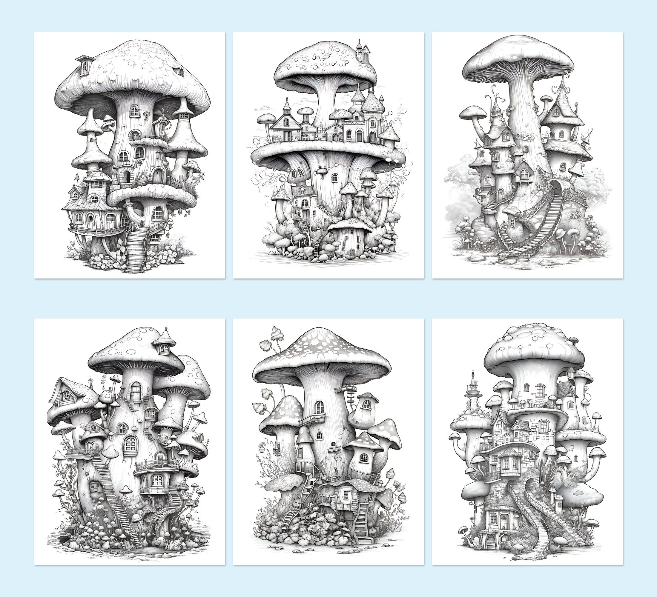 Fantasy Mushroom Houses Coloring Book Blooming Fairy Homes Adults Kids ...