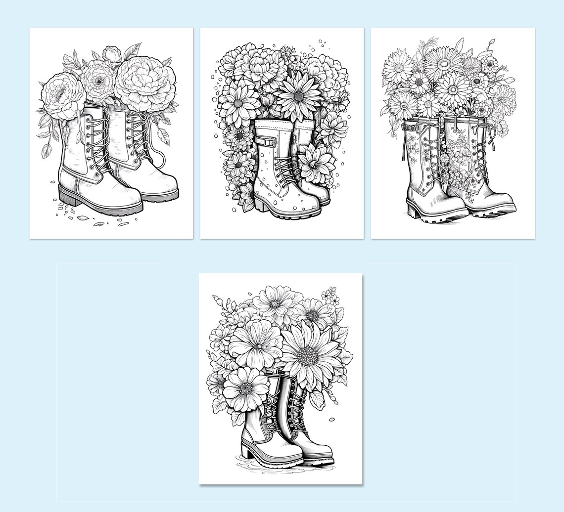 Blooming Boots Coloring Book Flowers Pages Adults Kids Floral Digital ...