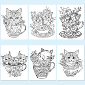 Kittens in Teacup With Flowers Coloring Book Kids Adult Cats in Tea ...