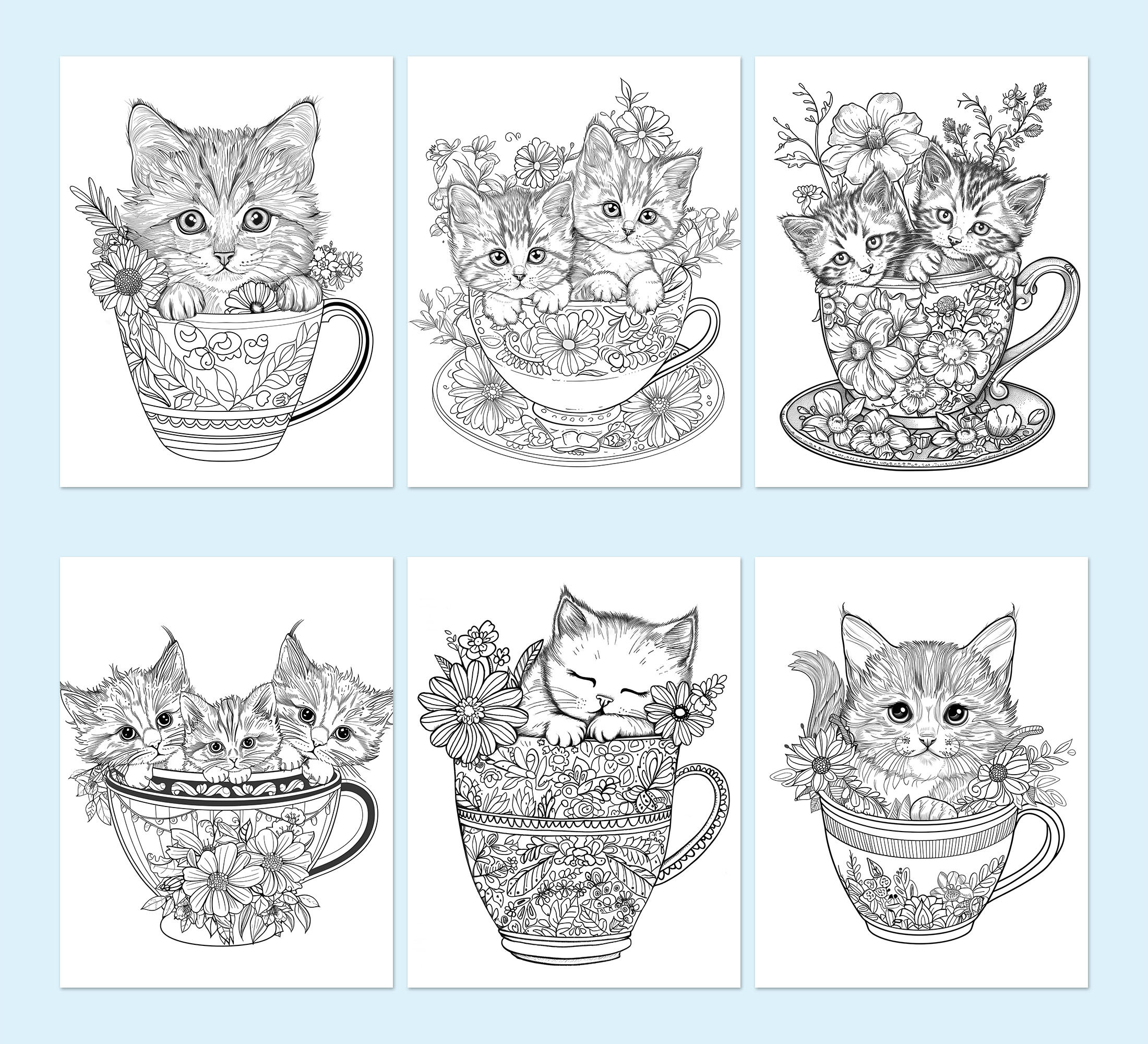 Kittens in Teacup With Flowers Coloring Book Kids Adult Cats in Tea ...