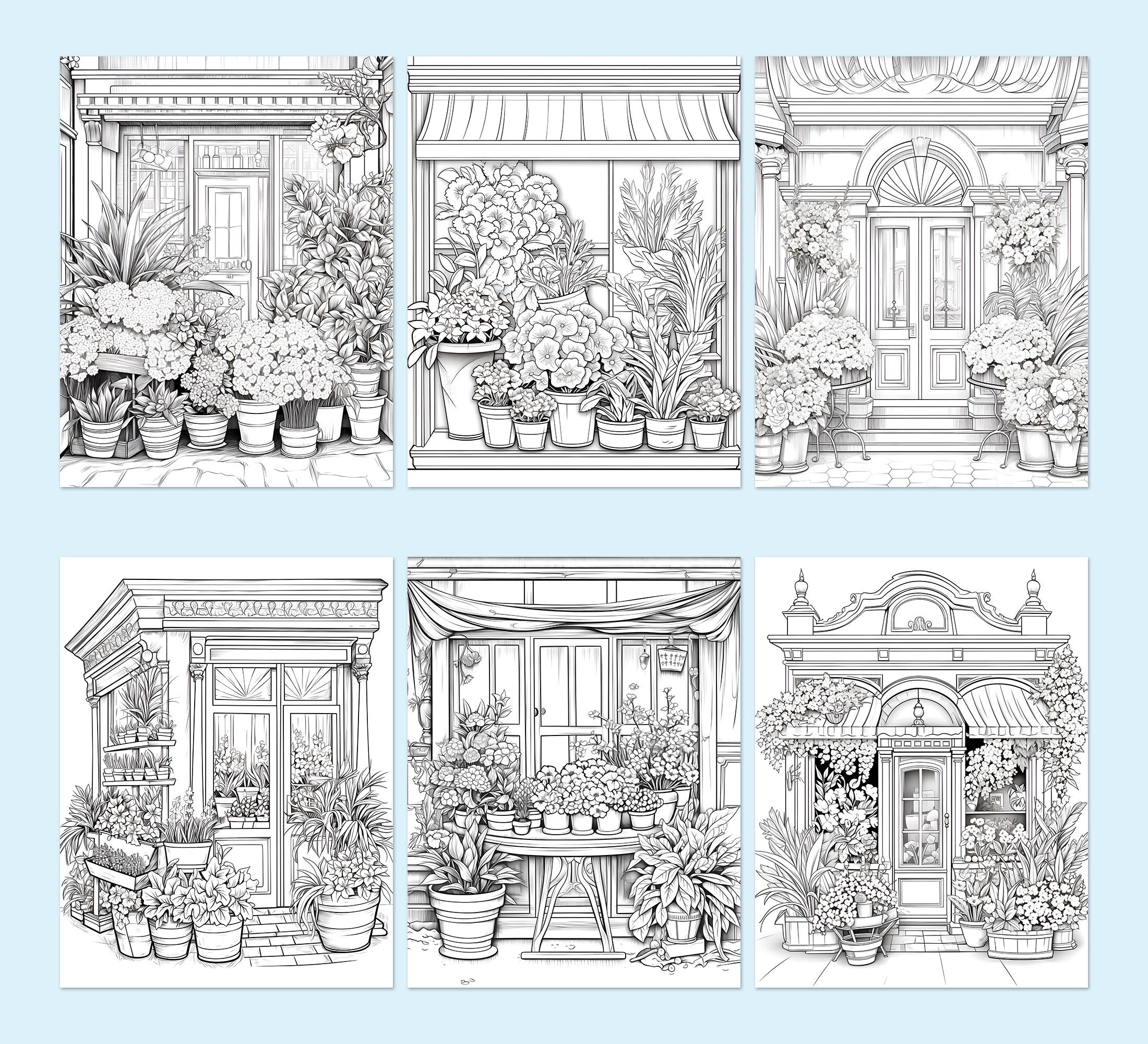 Flower Shop Architecture Coloring Pages Floral Book Botanical Adult ...