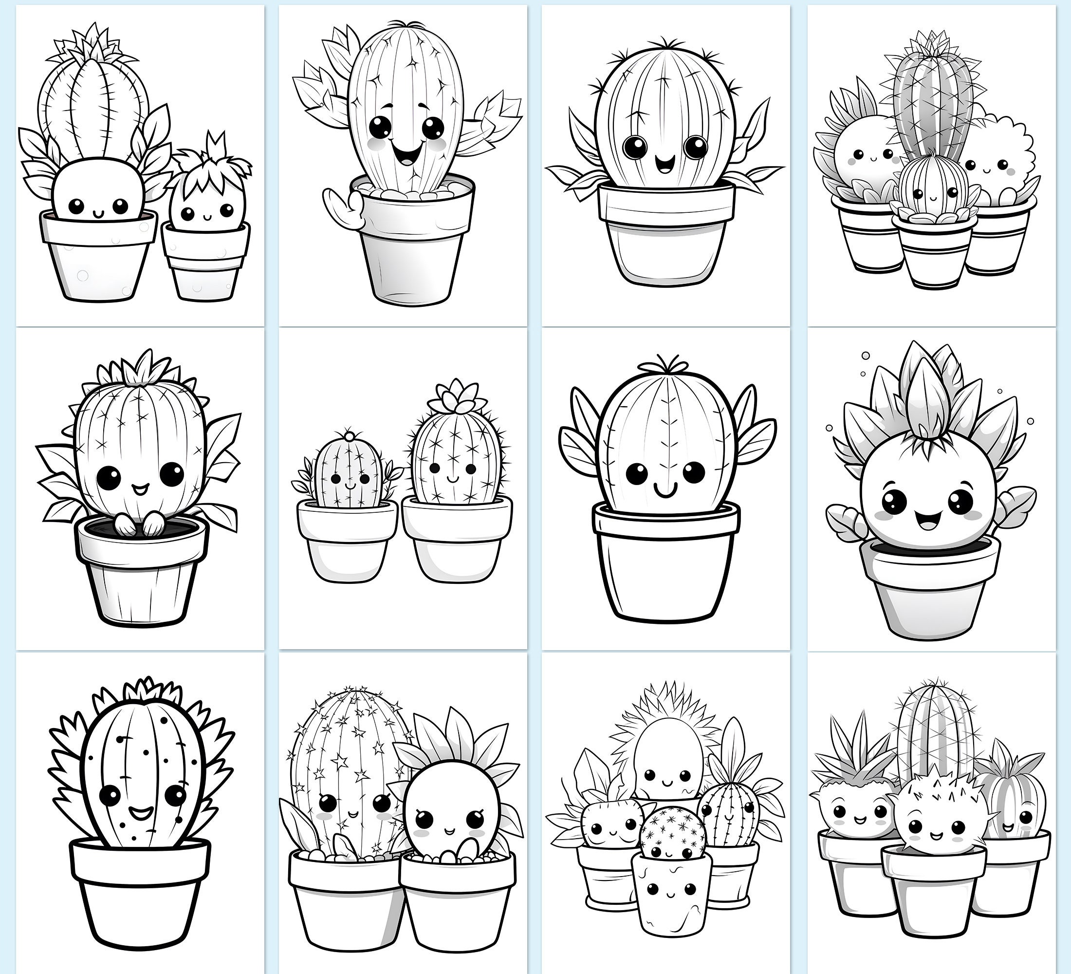 Cactus Coloring Book Kawaii Kids Activity Pages Toddler Sheets Instant ...
