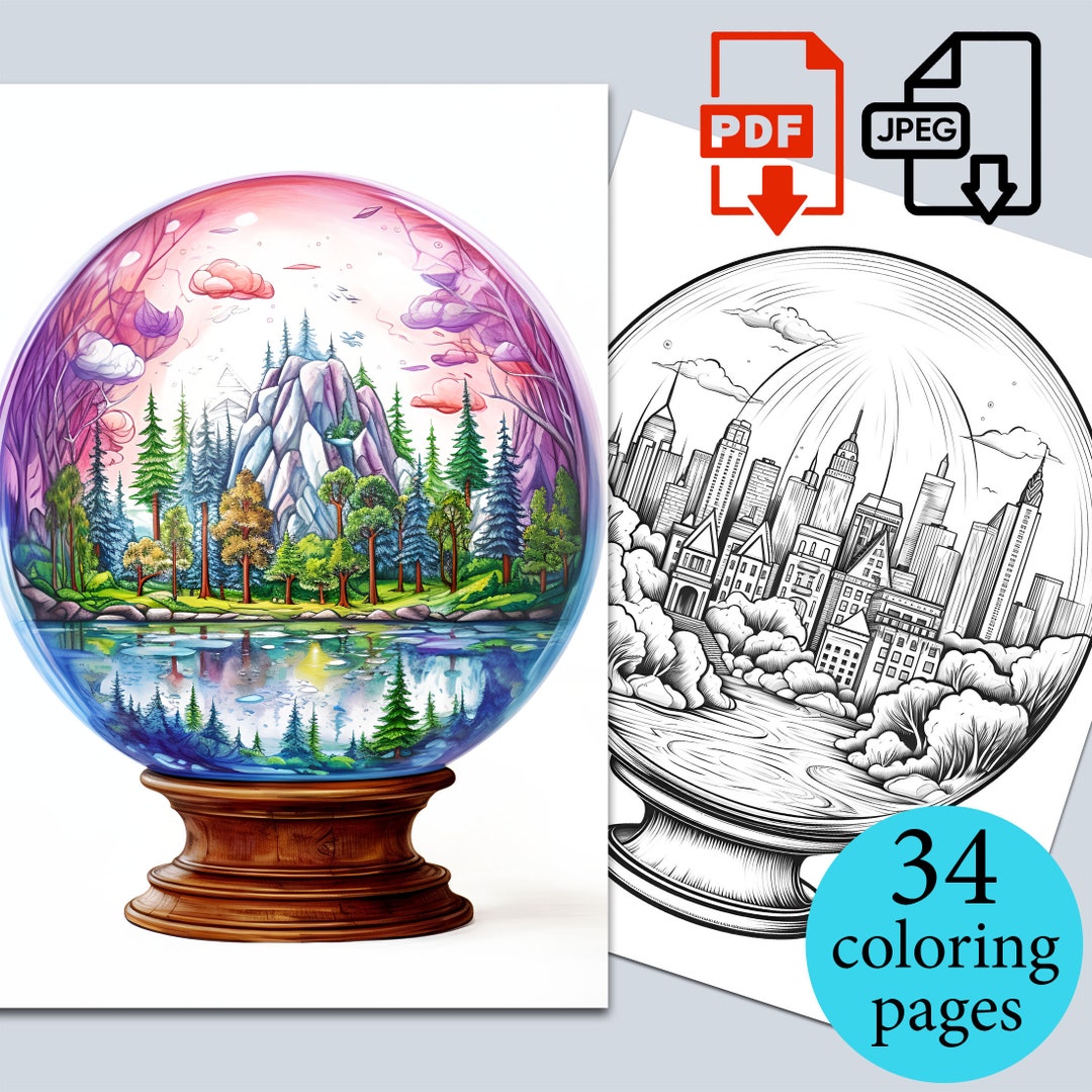 Landscape in Crystal Ball Coloring Book Nature Pages for Adults Kids ...