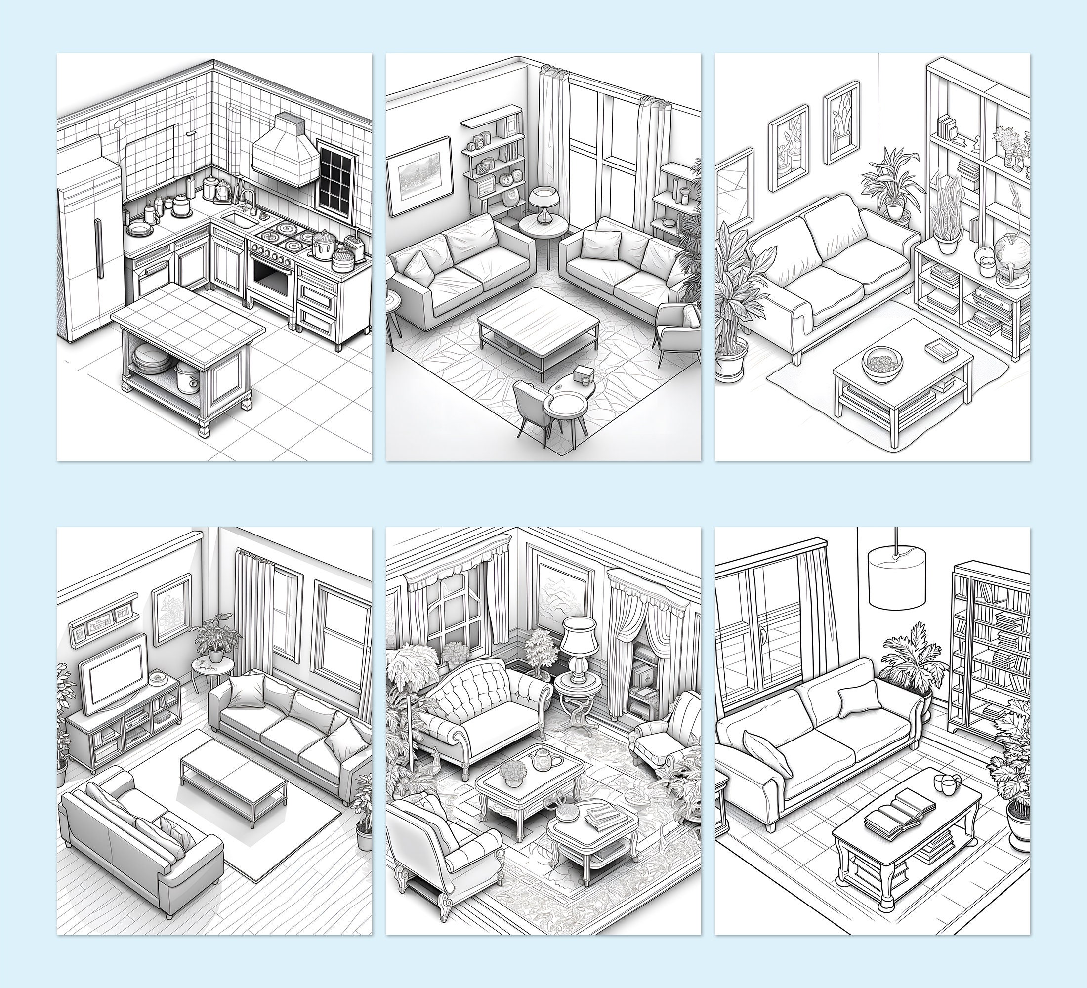 Isometric Interior Room Coloring Pages Kids Adult Digital Books Living ...