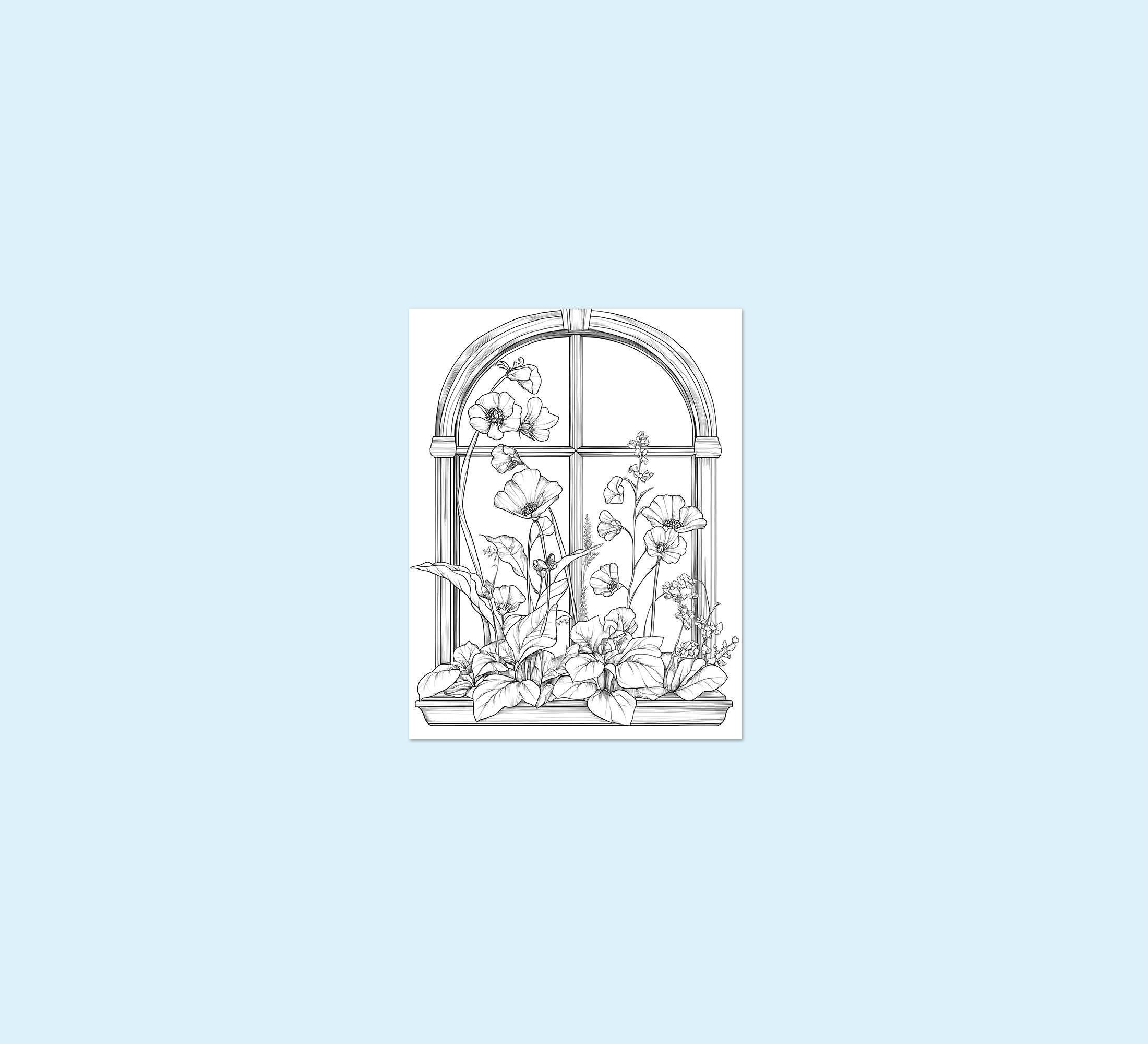 Floral Window Coloring Pages Flowers Adult Activity Digital Kids Books ...