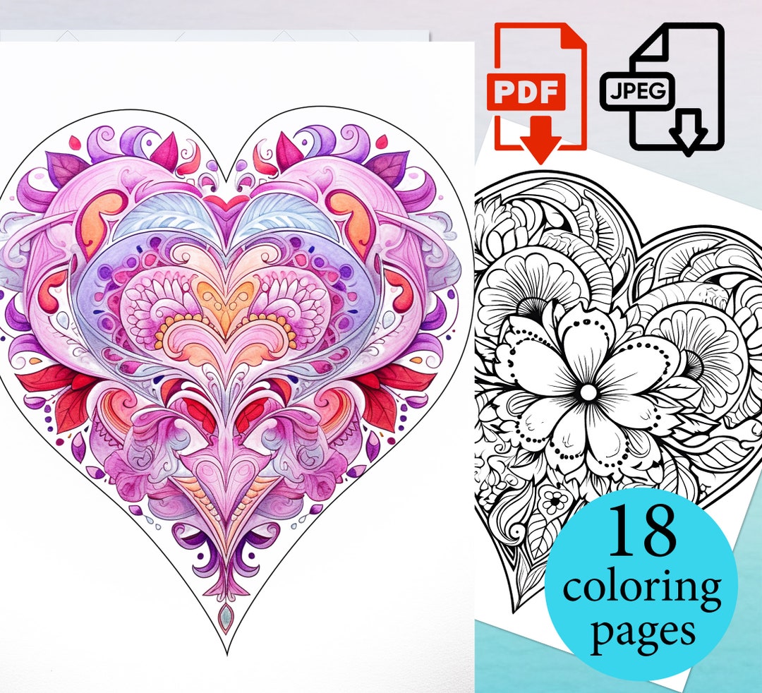 Hearts Mandala Digital Coloring Pages Kids Book Valentine Day Adult ...