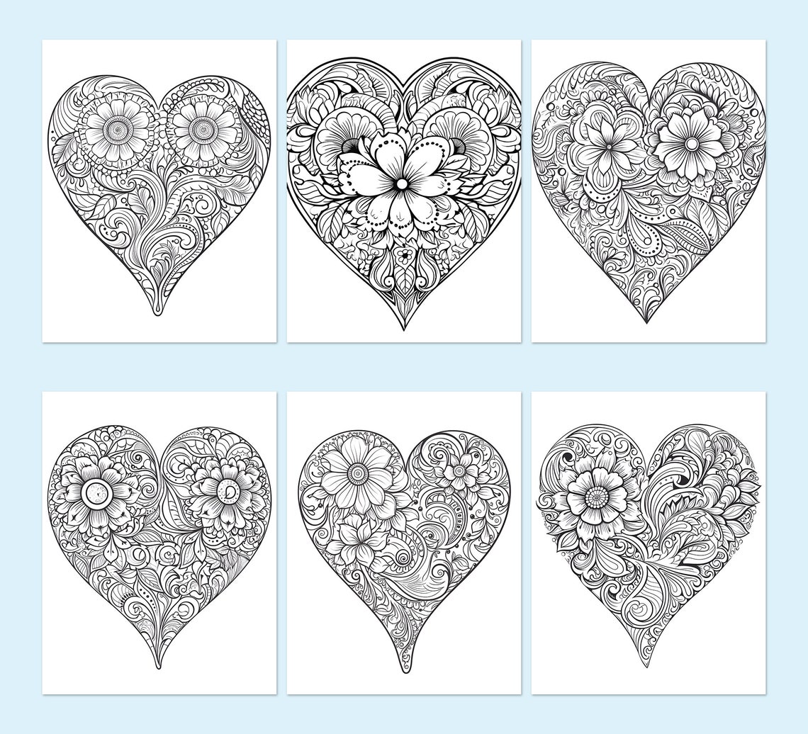 Hearts Mandala Digital Coloring Pages Kids Book Valentine Day Adult ...