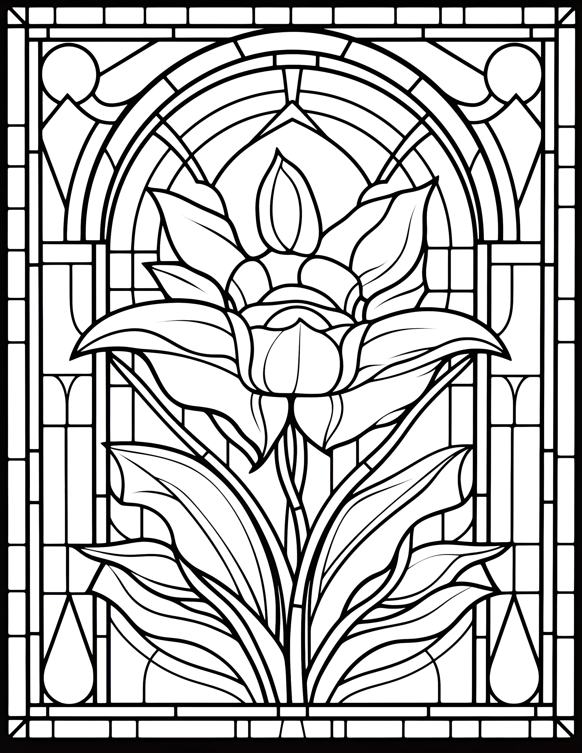 Flowers Stained Glass Window Floral Coloring Pages Adult Activity Kids ...