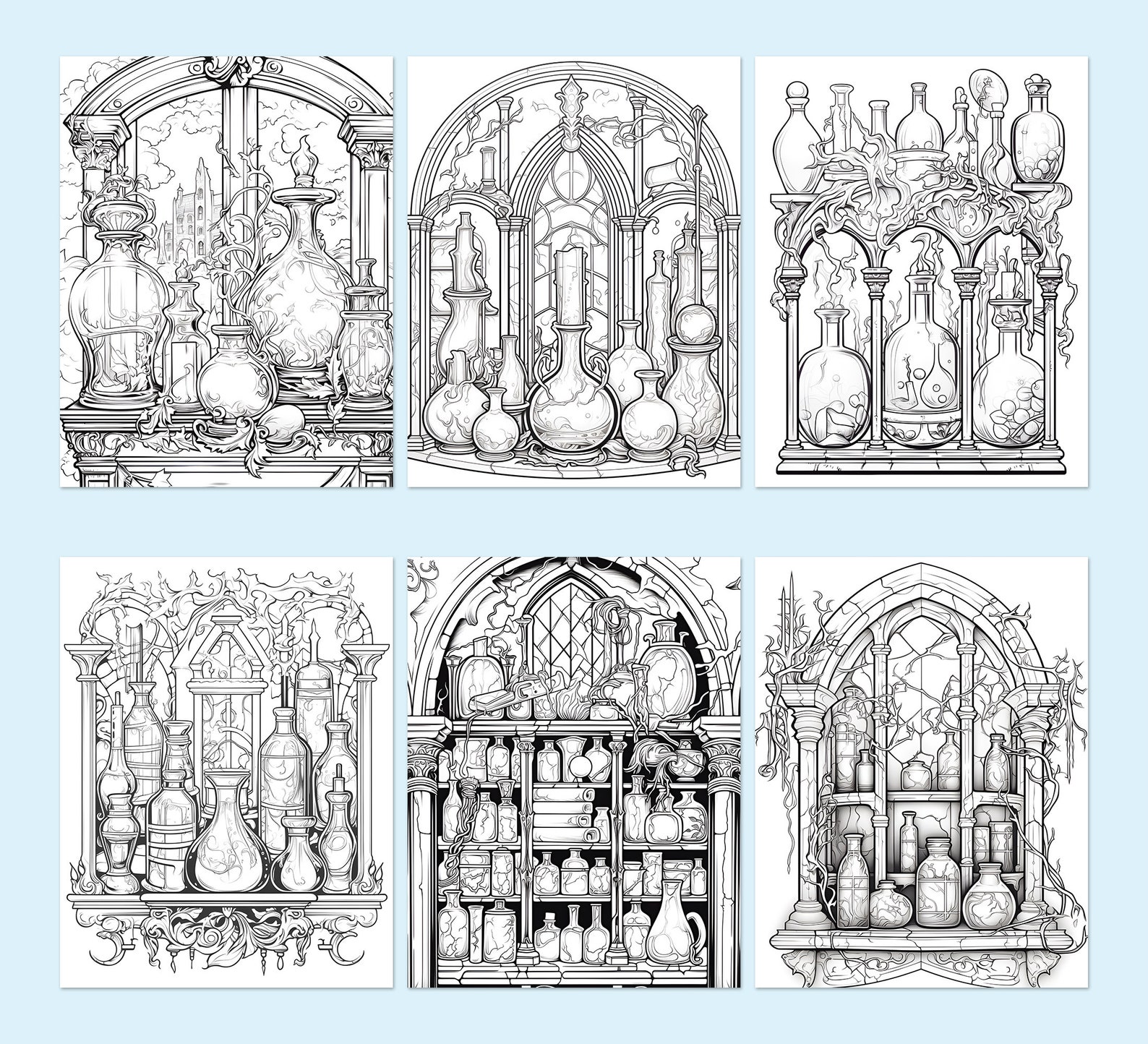 Mystical Fantasy Magic Potions Bottles Coloring Book Magic Pages Adults ...