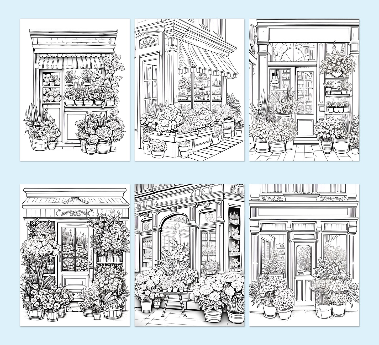 Flower Shop Architecture Coloring Pages Floral Book Botanical Adult ...