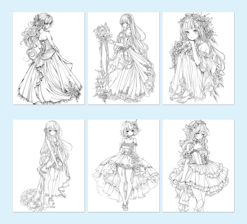 Cute Anime Girls in Dresses Coloring Pages Book Digital Beautiful ...