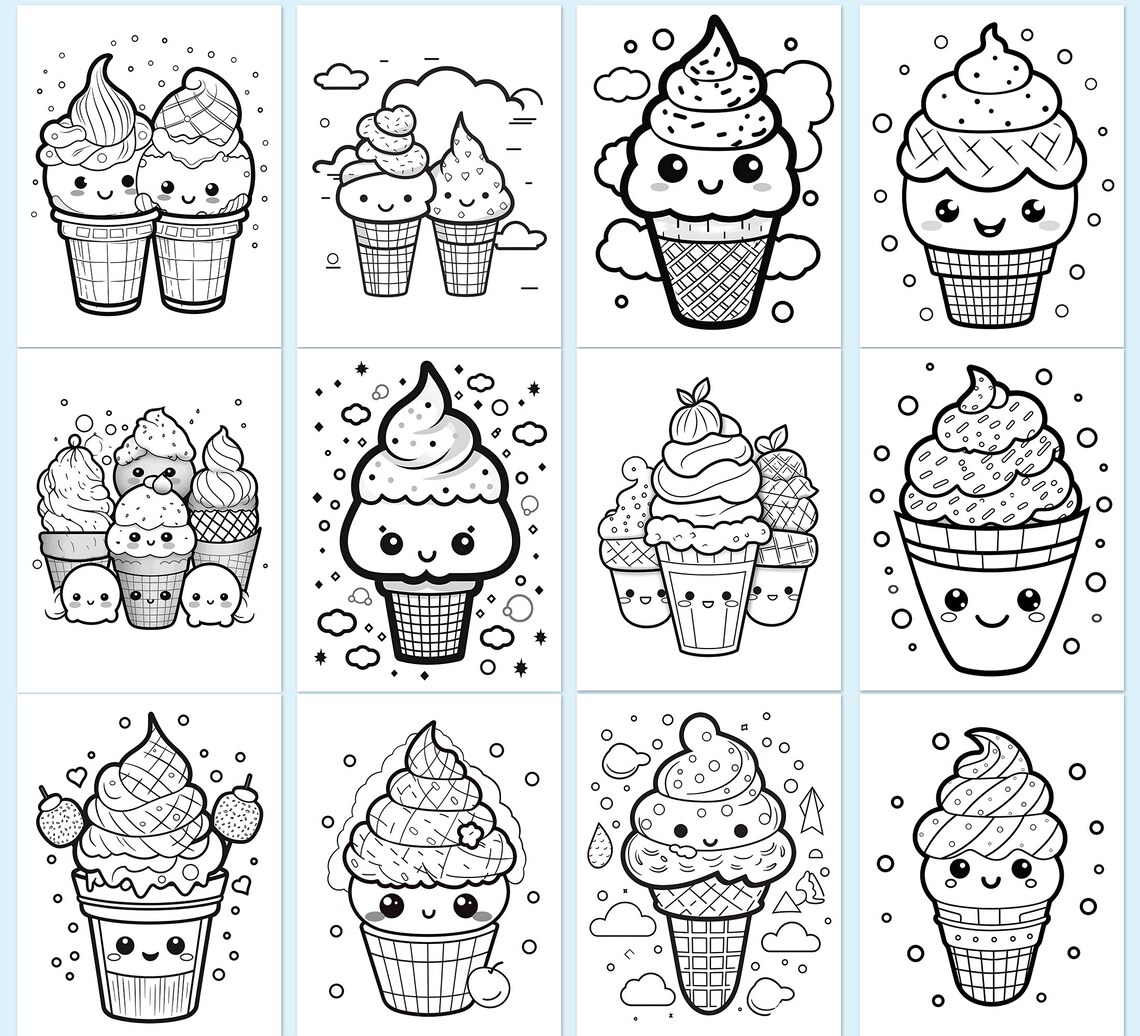Ice Cream Coloring Book Kawaii Kids Activity Pages Toddler Sheets ...