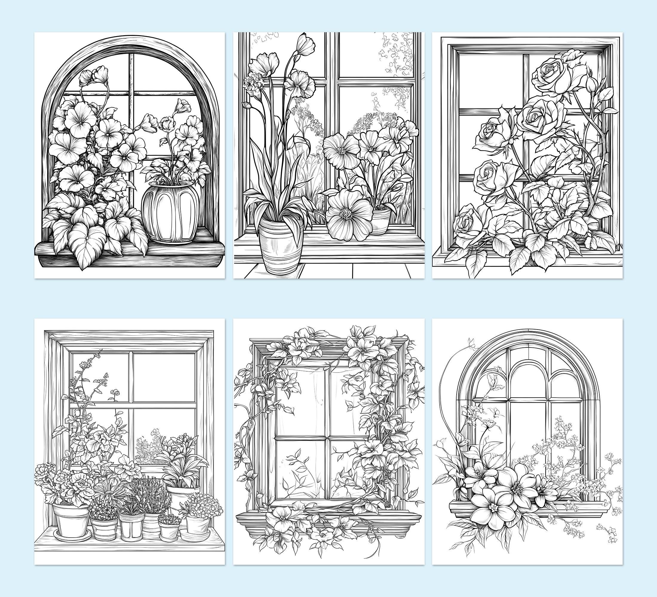 Floral Window Coloring Pages Flowers Adult Activity Digital Kids Books ...