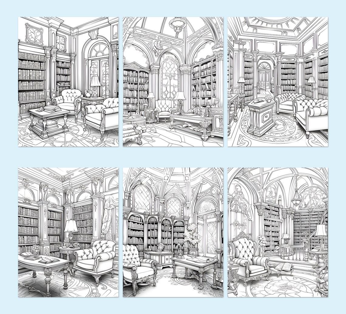 Library Room Interior Design Coloring Pages Adult Activity Kids Books ...