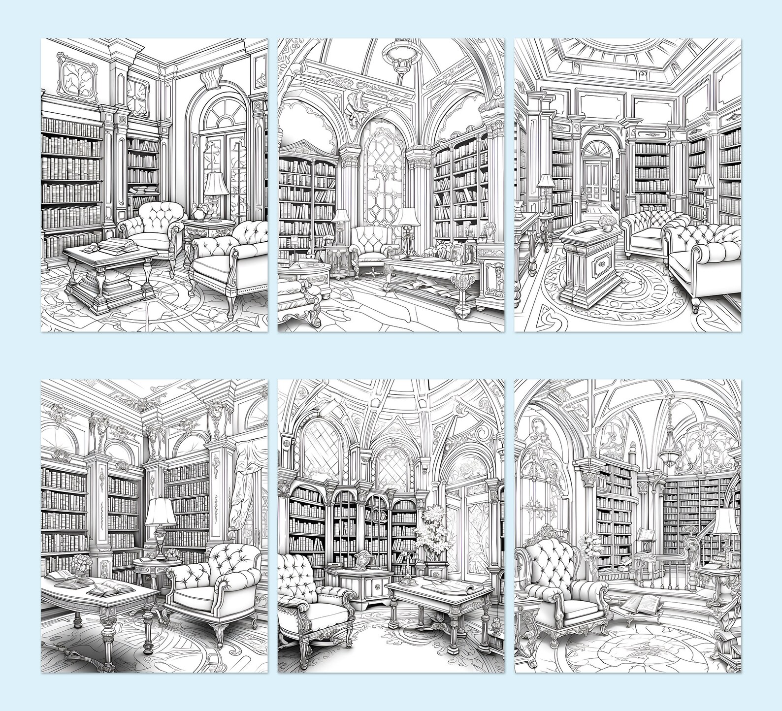 Library Room Interior Design Coloring Pages Adult Activity Kids Books ...