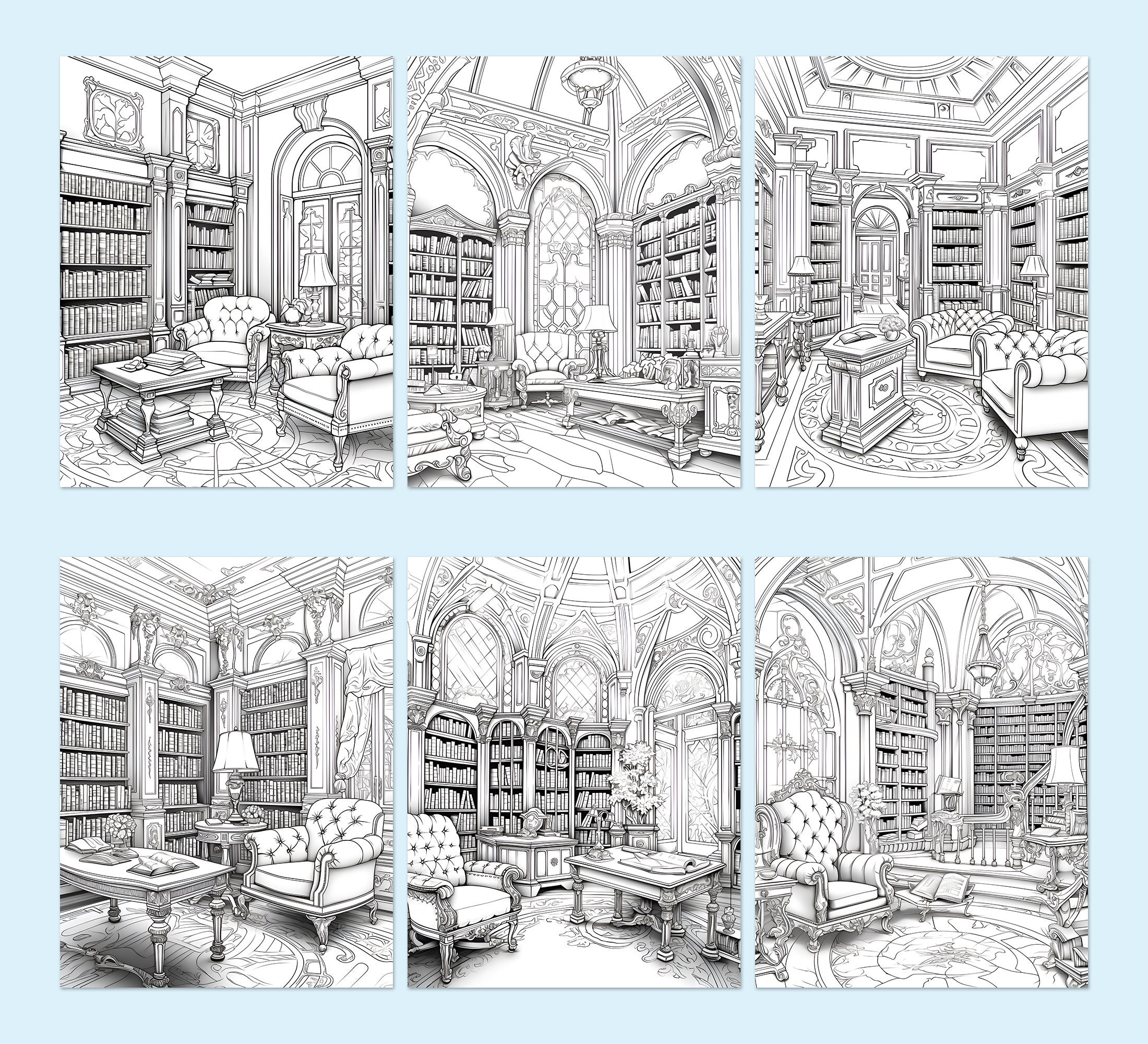 Library Room Interior Design Coloring Pages Adult Activity Kids Books ...