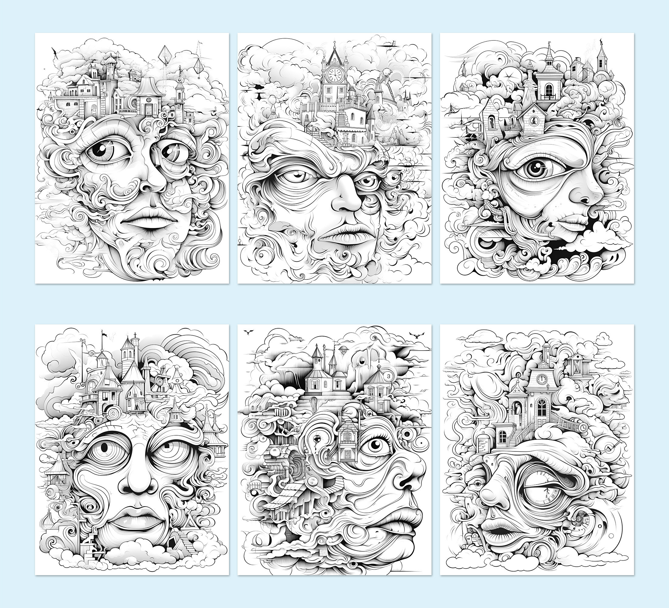 Surrealism Coloring Book Fantasy Portrait Coloriage Pages Adults Kids ...