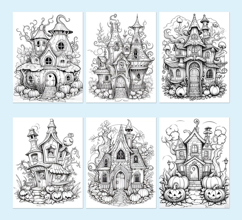 Halloween House Pumkins Coloring Book Adults Digital Page Kids Fantasy ...