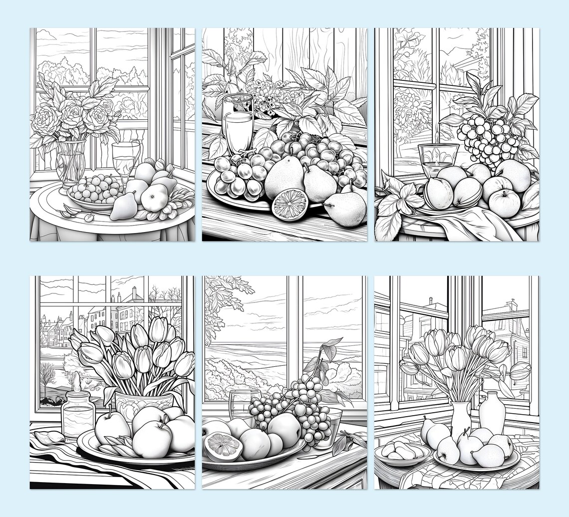 Still Life Window Coloring Pages Adult Activity Kids Books Sheets ...
