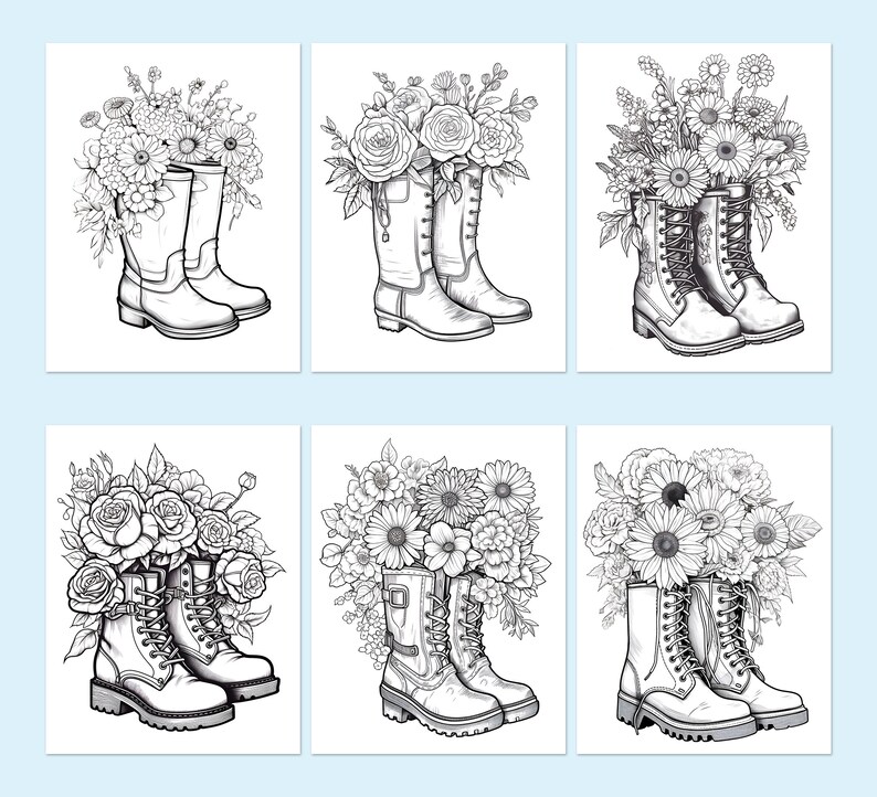 Blooming Boots Coloring Book Flowers Pages Adults Kids Floral Digital ...