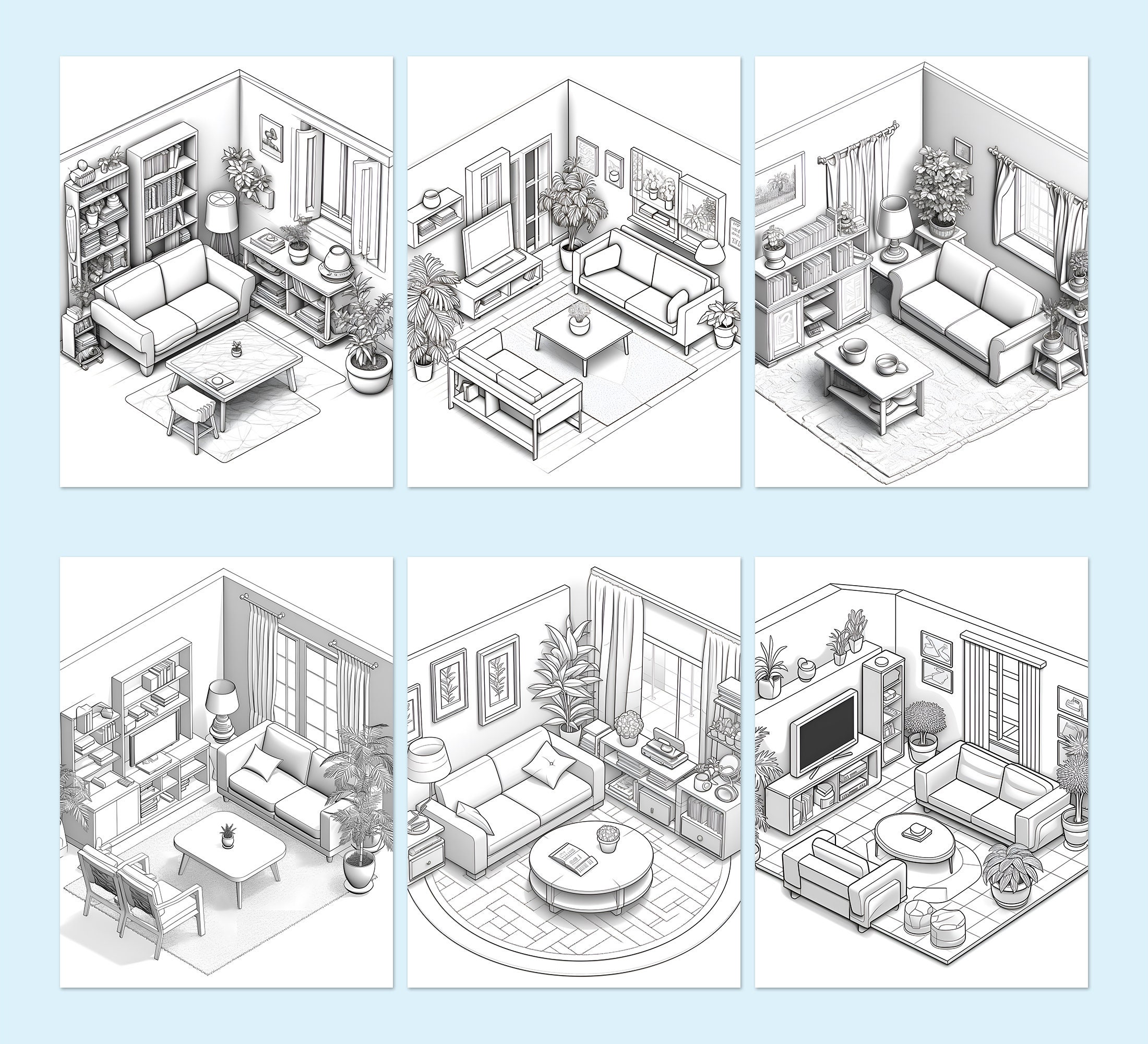 Coloring Adult Kids Digital Isometric Room Interior Pages - Etsy