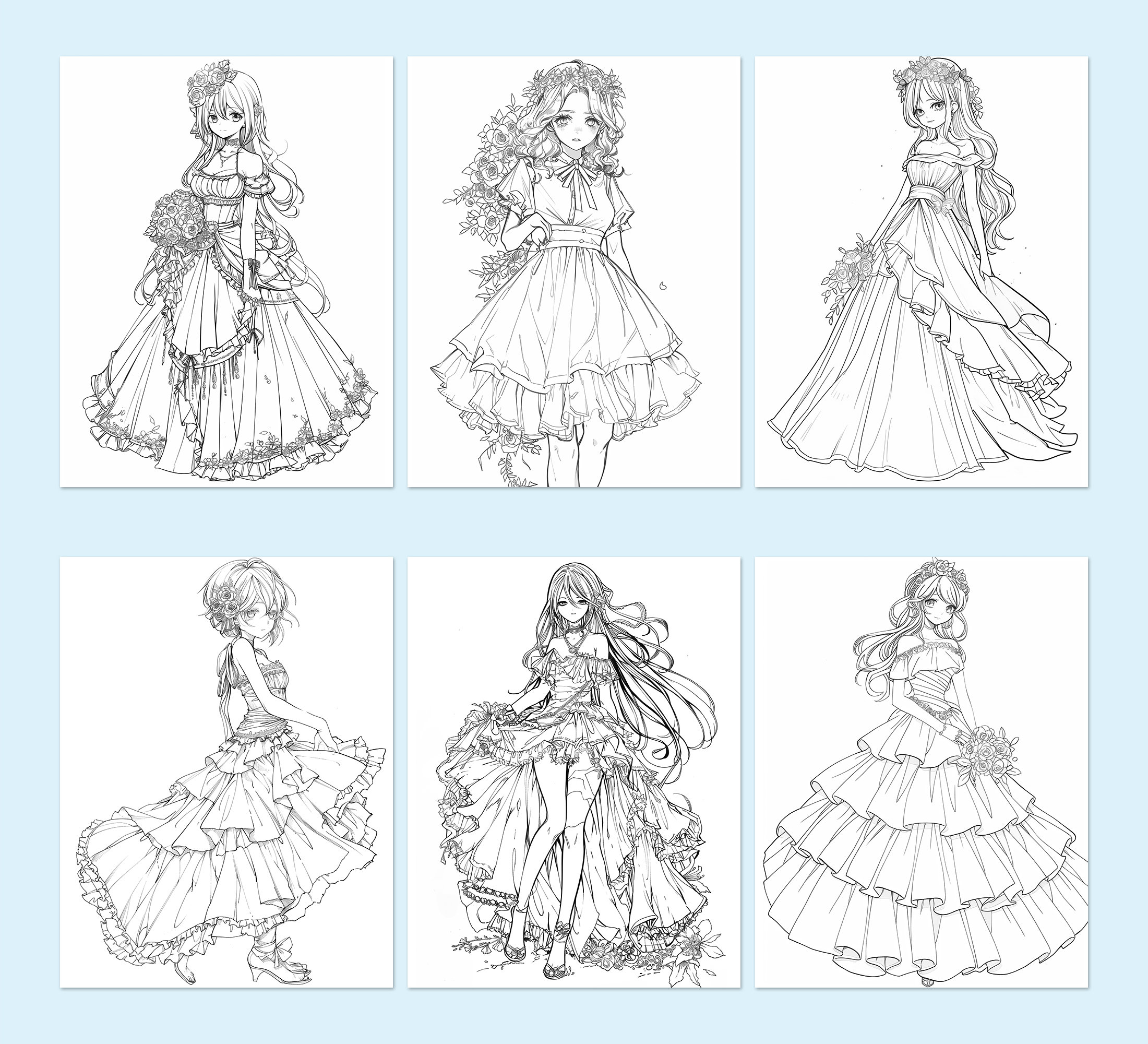 Cute Anime Girls in Dresses Coloring Pages Book Digital Beautiful ...