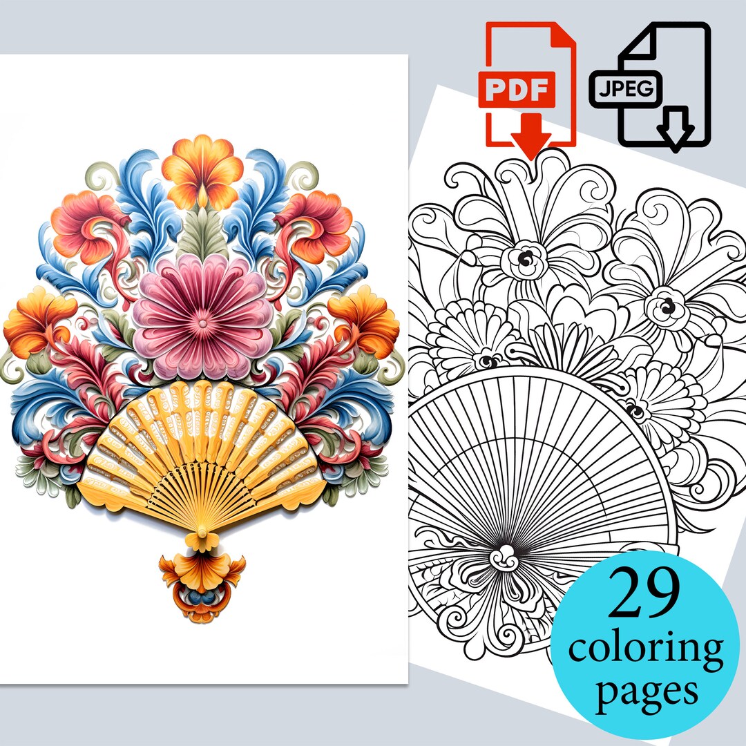 Spanish Fans Coloring Book Kids Adult Beautiful Relaxation Pages Girft ...