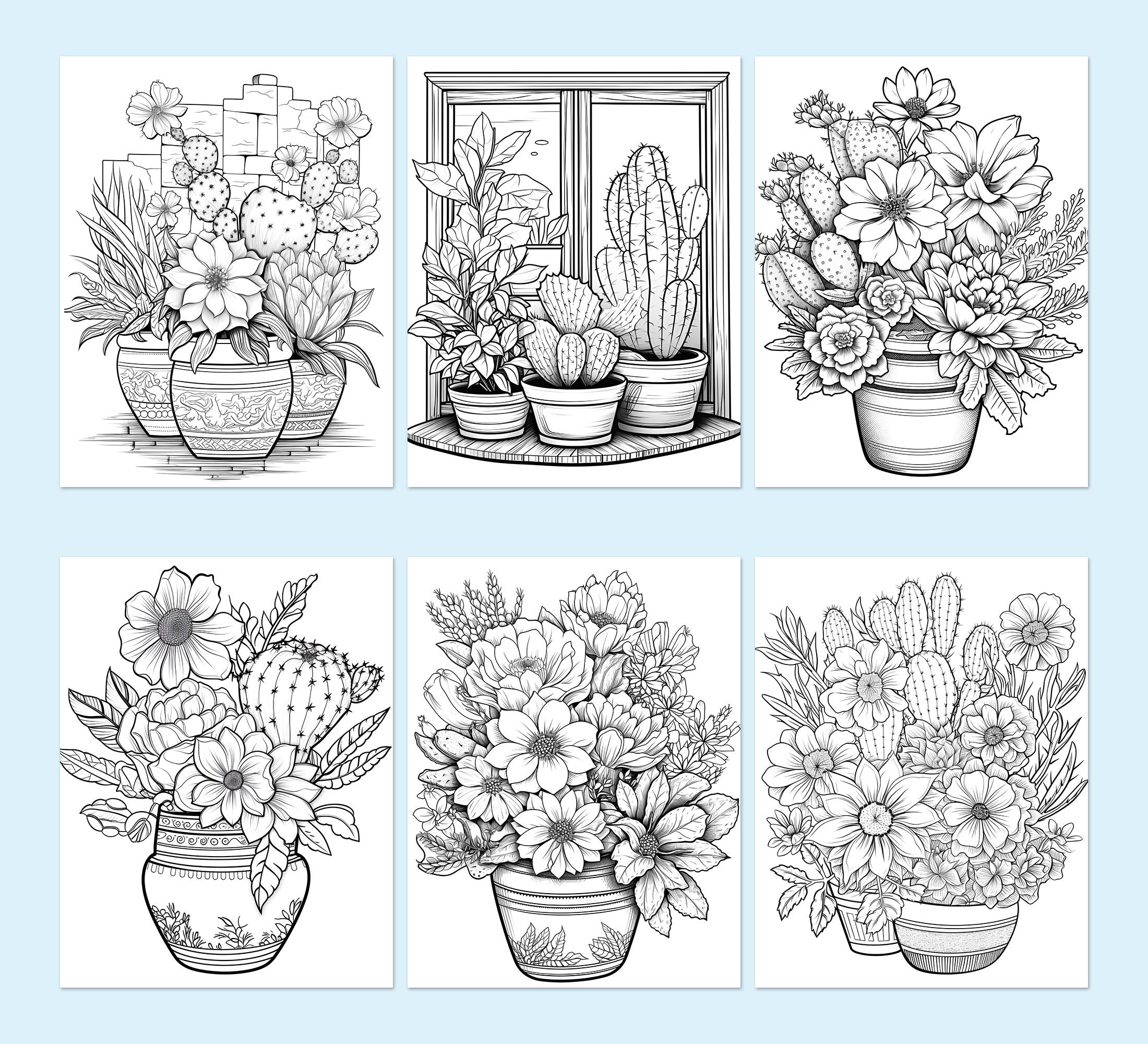 Flowers Cactus Printable Coloring Book Floral Pages Botanical Kids ...