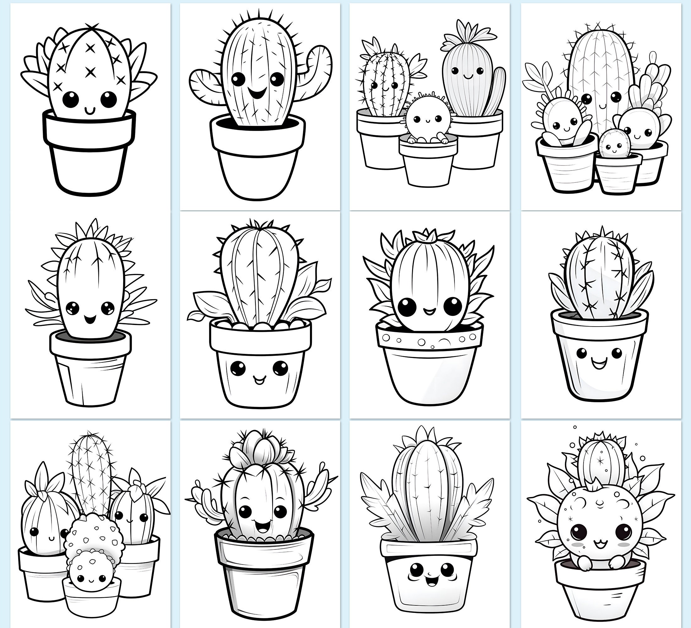 Cactus Coloring Book Kawaii Kids Activity Pages Toddler Sheets Instant ...