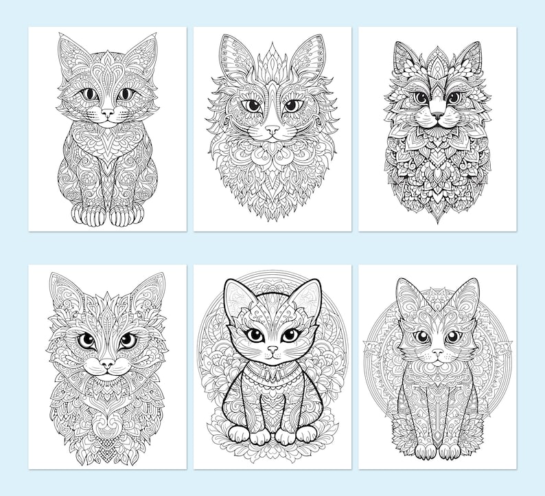 Cats Mandala Coloring Book Adults Kids Pages Coloriage Sheets Instant ...