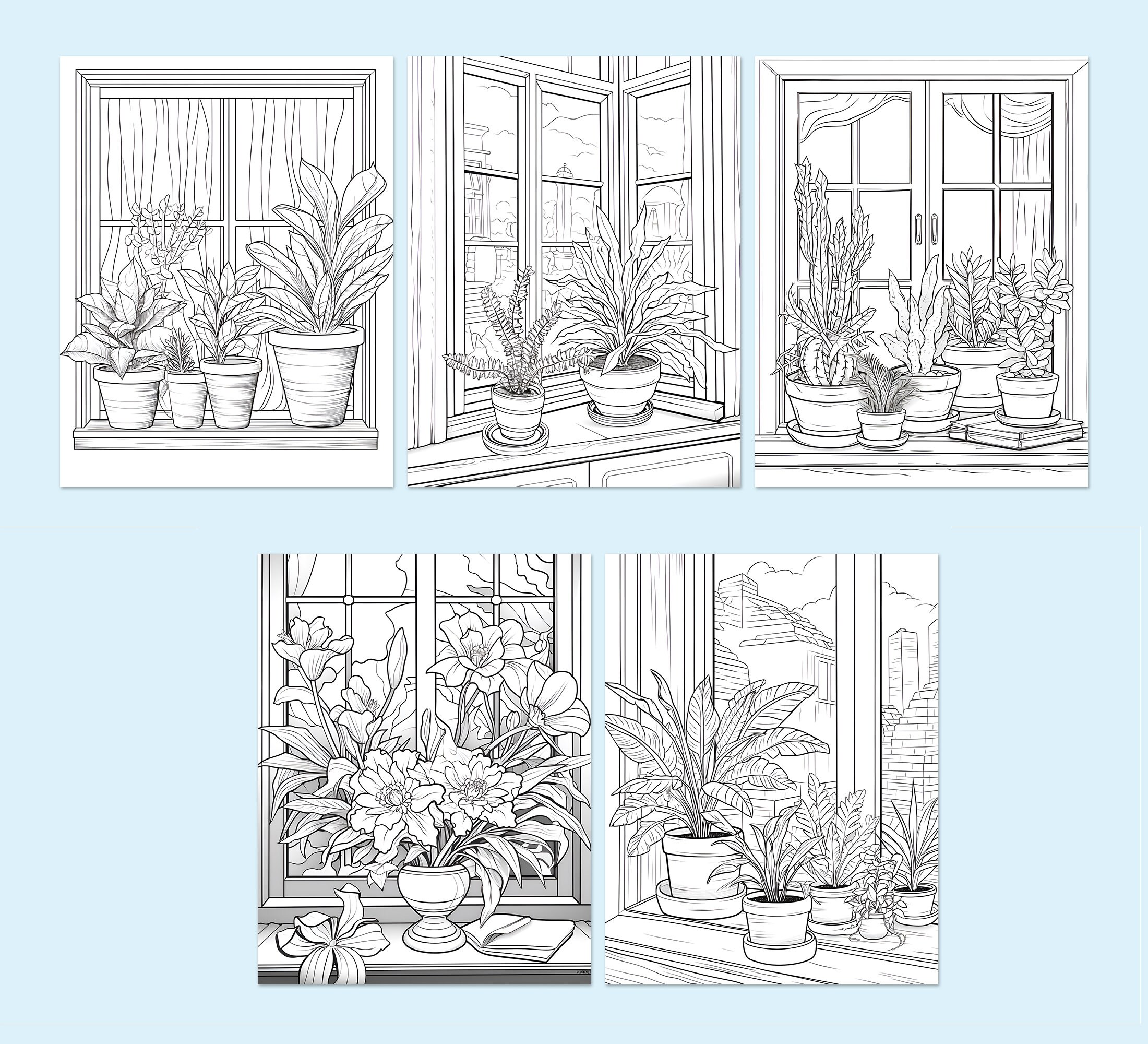 House Plant Window Coloring Pages Adult Activity Kids Books Sheets ...