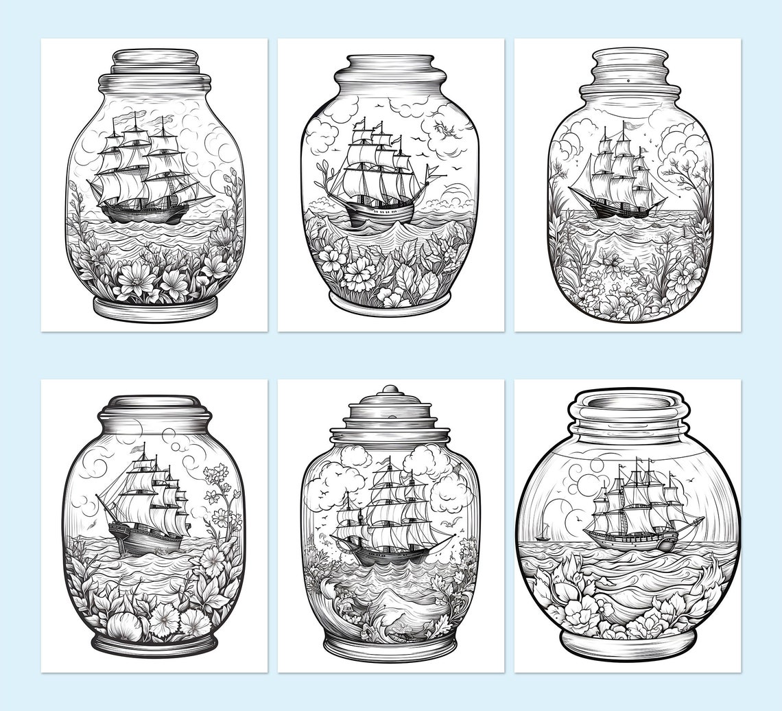 Landscape Ship in Jar Coloring Book Gift Bottle Pages Adults Kids ...