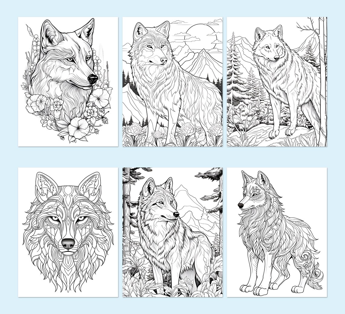 Wolf Coloring Book Adults Kids Activity Pages Animal Coloriage Sheets ...
